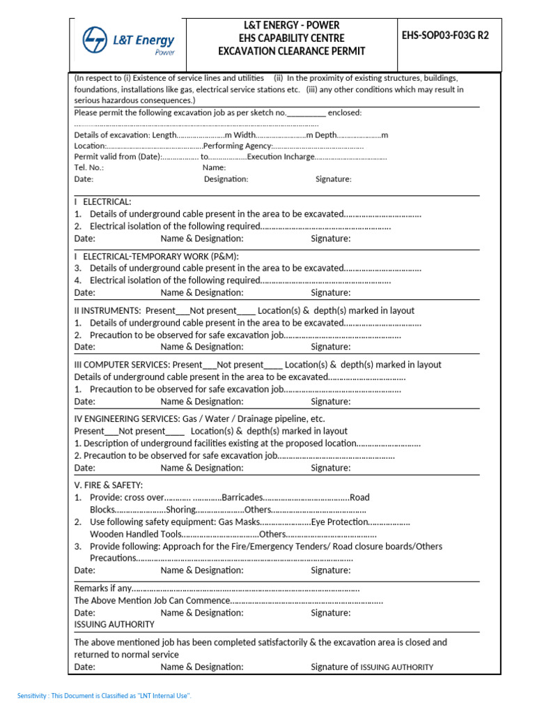 EHS-SOP03-F03G Excavation Permit R2 - English | PDF