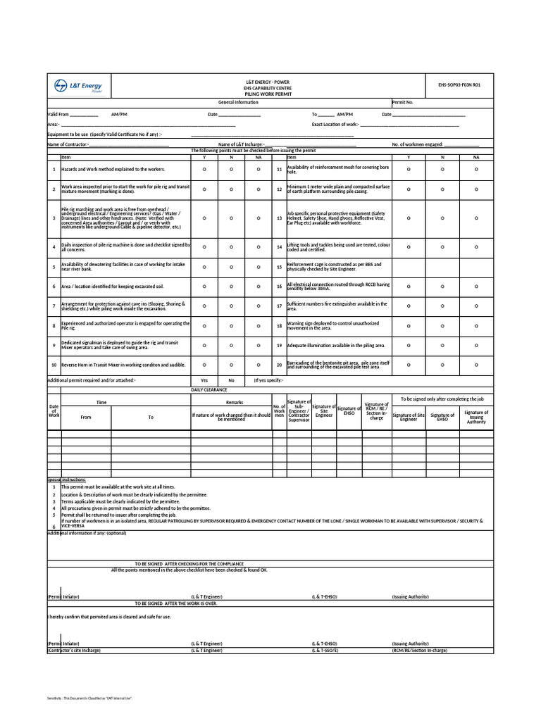 EHS-SOP03-F03N R01-Piling Work Permit - English | PDF | Deep Foundation ...