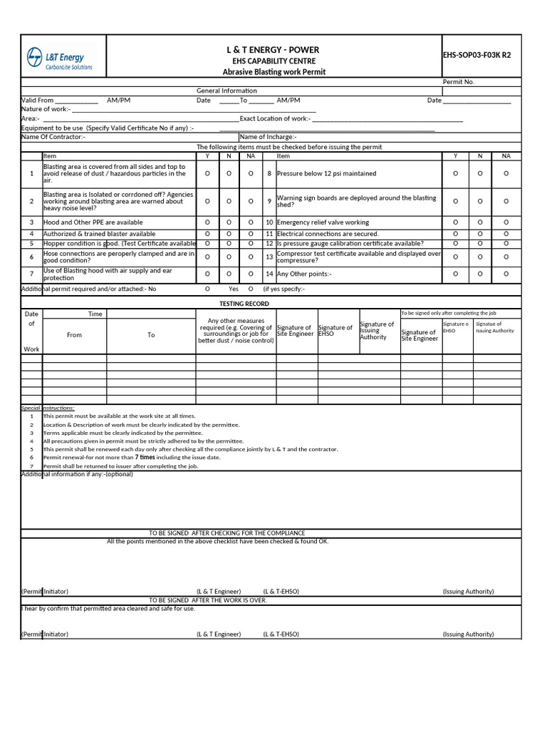 LTE-CLS-EHS-SOP03-F03K R0 Abrasive Blasting Permit - English | PDF ...