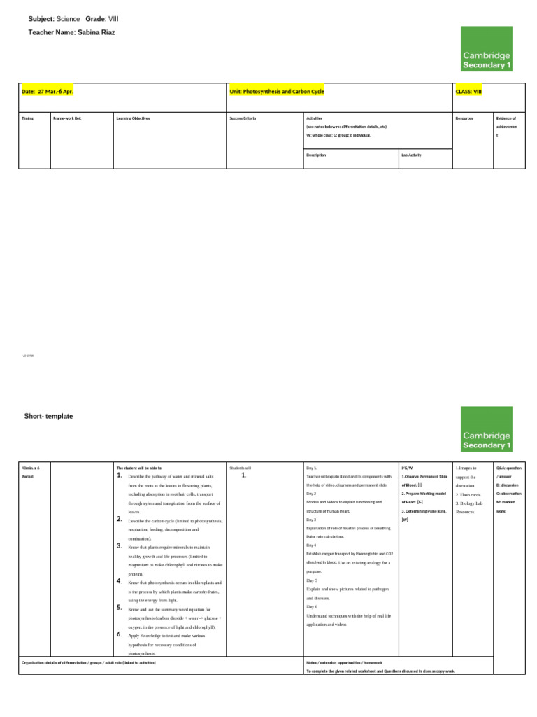 Class 8 Science March Week 4 | PDF | Photosynthesis | Plants