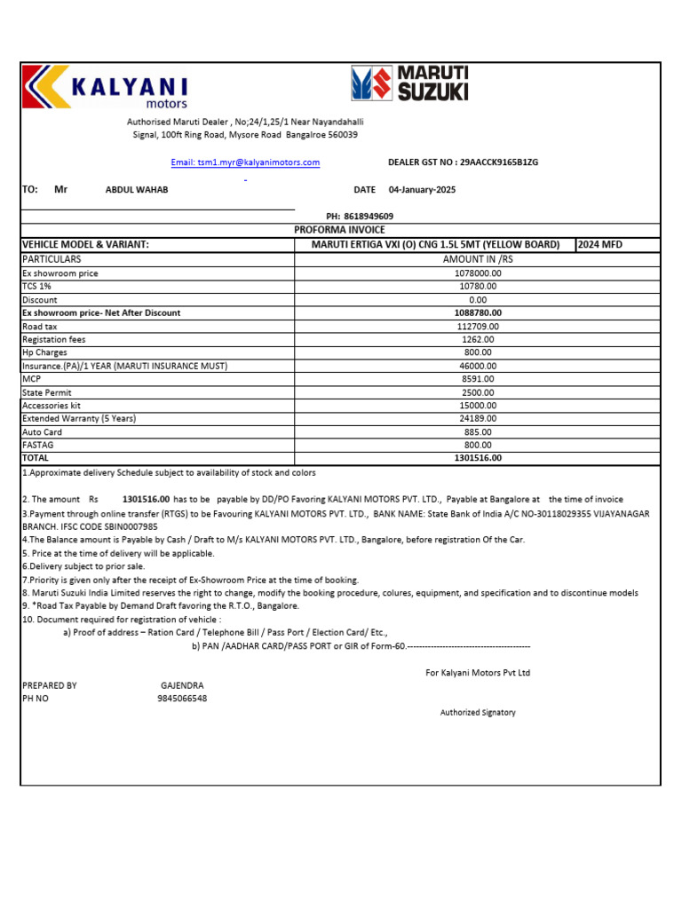 Abdul Wahab Ertiga Vxi CNG Yb Proforma Invoice | PDF | Accounts Payable