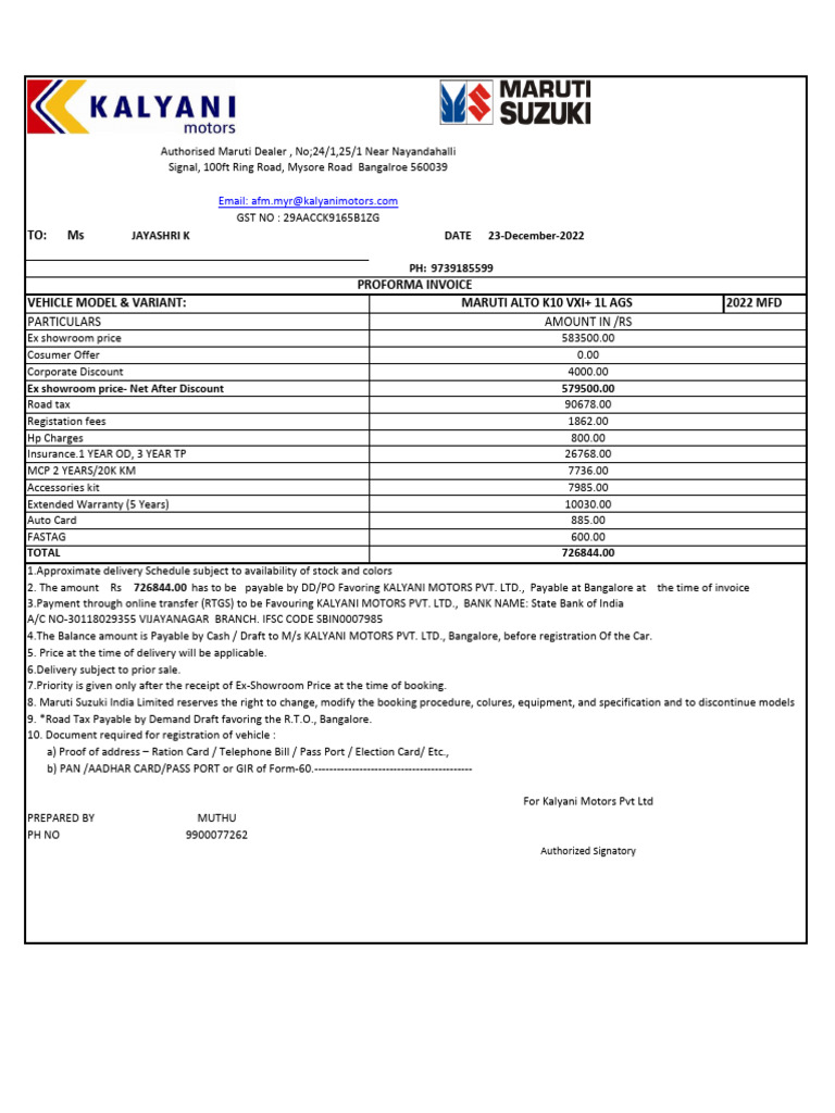 Alto k10 Vxi + Ags Proforma Invoice Jayashri | PDF | Accounts Payable | Motor Vehicle