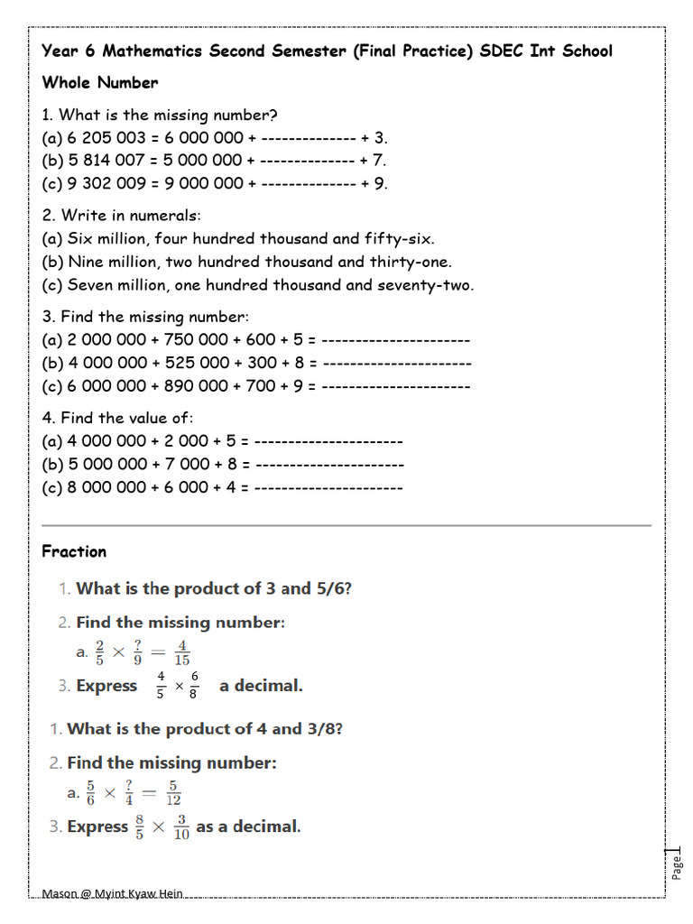 Year 6 Mathematics Second Semester Practice for Noraml Class | PDF | Litre | Area