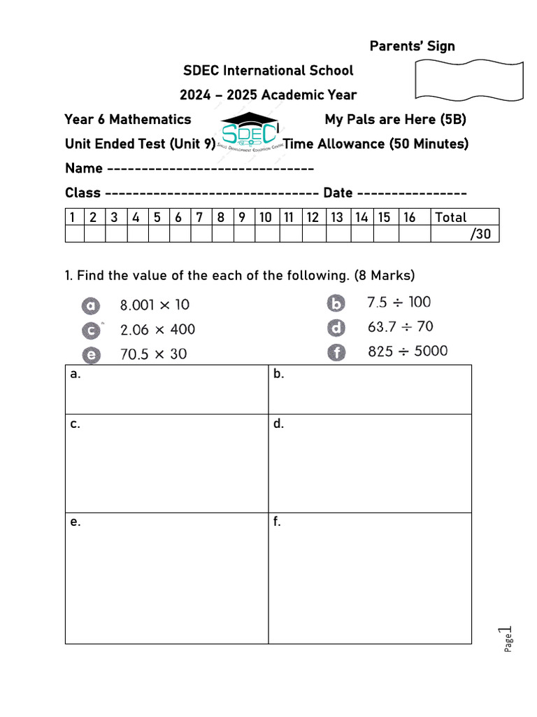Year 6 Maths Exam Paper 2024-2025 | PDF