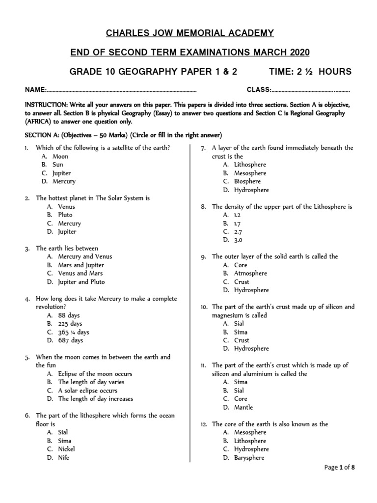 Grade 10 Geography 2nd Term Exam Papers | PDF | Earth | Rock (Geology)