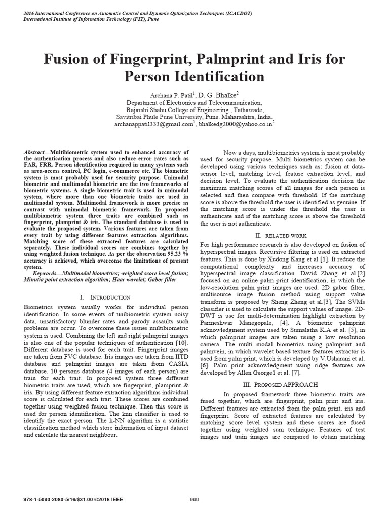 Fusion of Fingerprint, Palmprint and Iris For Person Identification | PDF | Biometrics | Fingerprint
