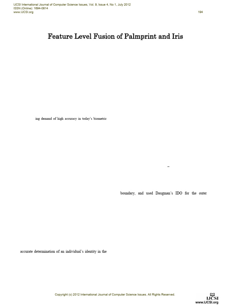 Feature Level Fusion of Palmprint and Iris | PDF | Biometrics | Fingerprint