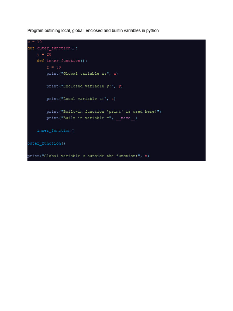Program Outlining Local, Global, Enclosed and Builtin Variables in Python | PDF