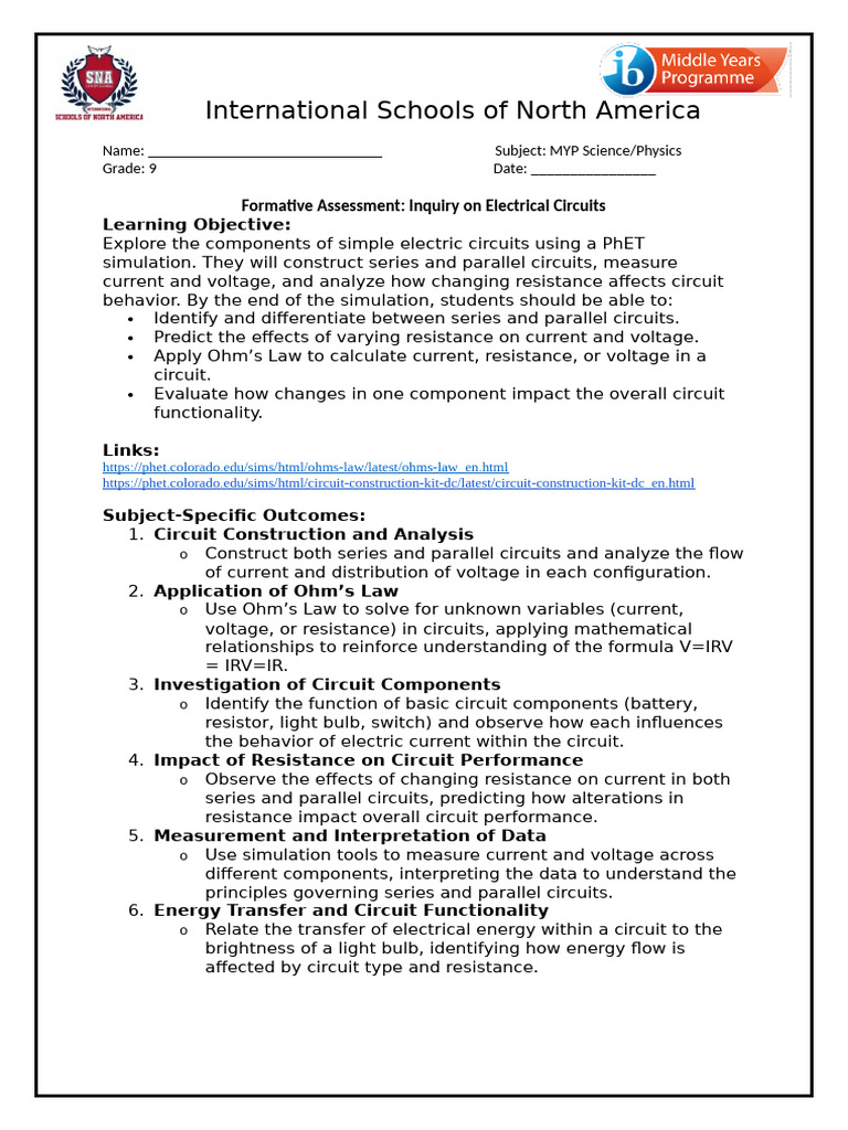 MYP Science: Electric Circuits Inquiry | PDF | Electrical Network ...