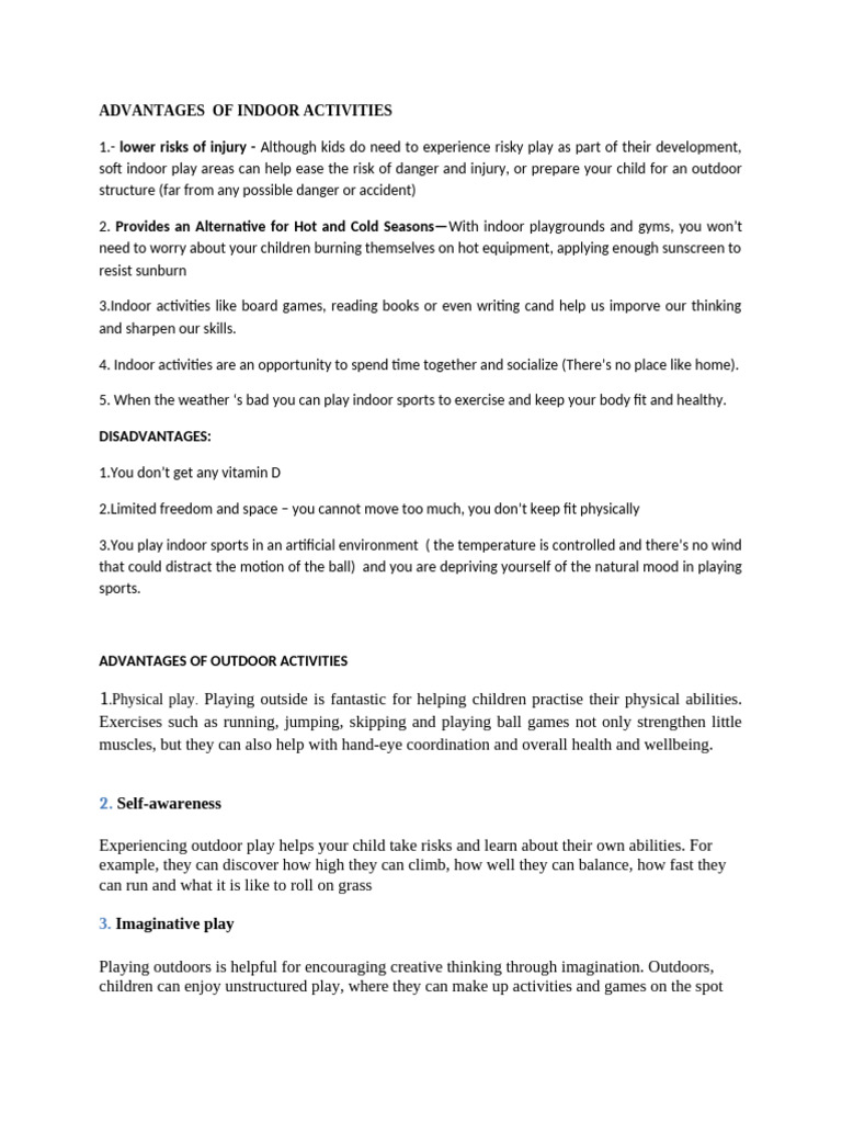 Indoor vs. Outdoor Activities | PDF | Playground