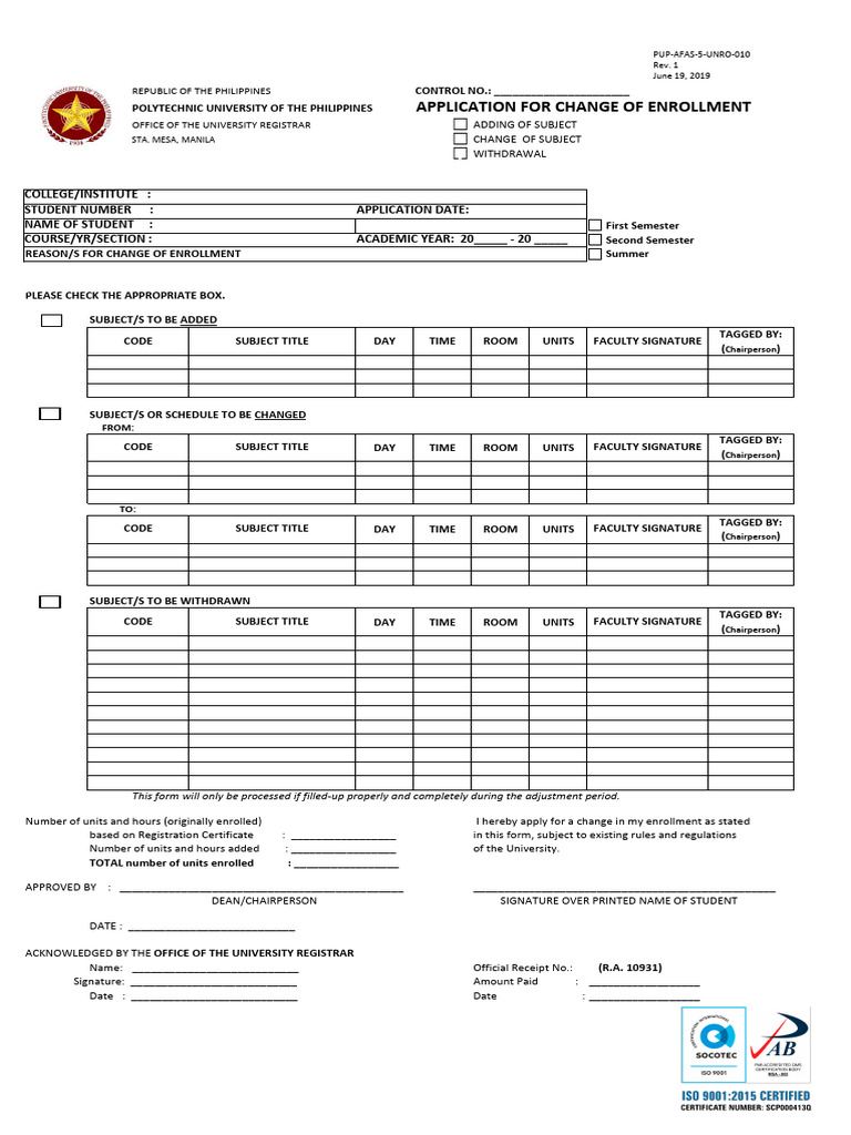 PUP Enrollment Change Application Form | PDF