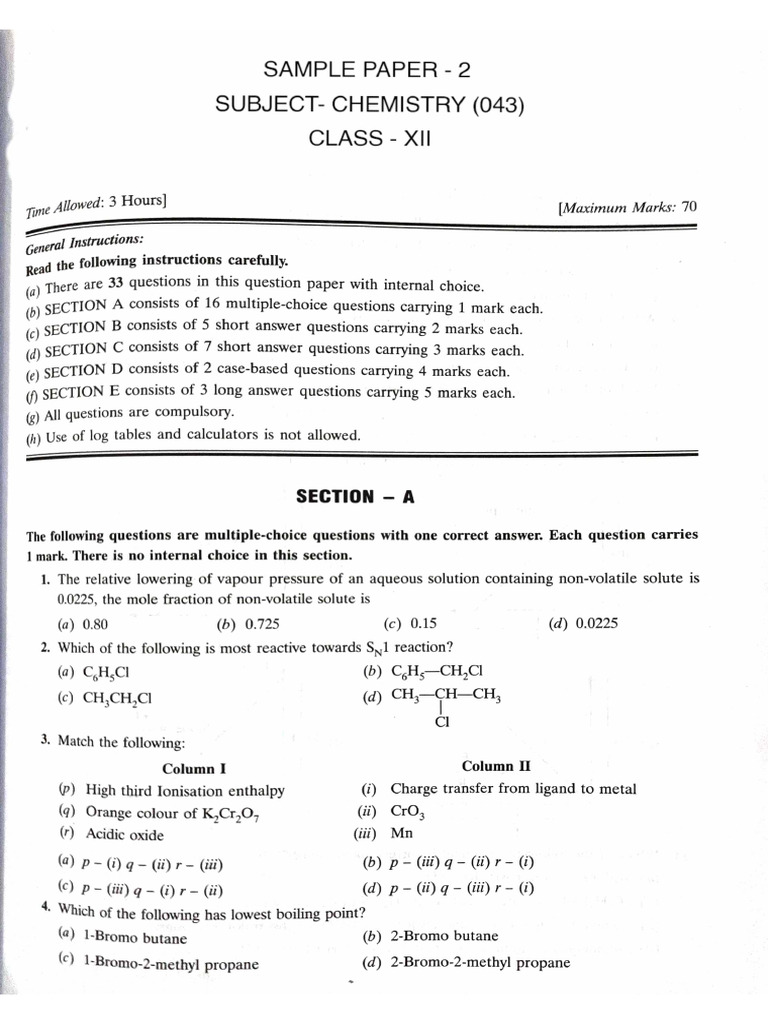 Chemistry Sample Paper 2 | PDF