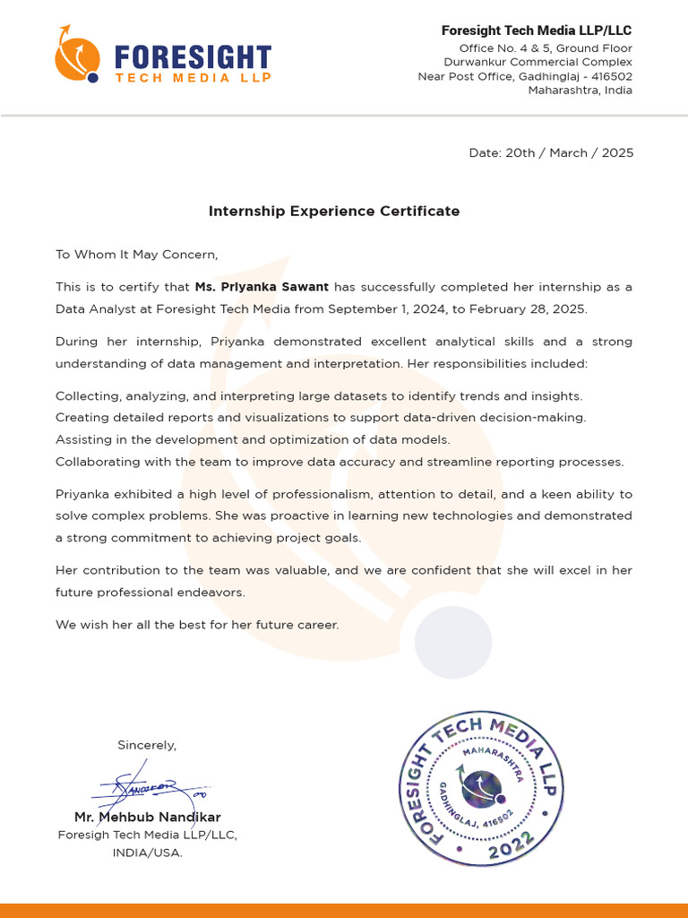 Priyanka Savant Internship Experience Letter | PDF