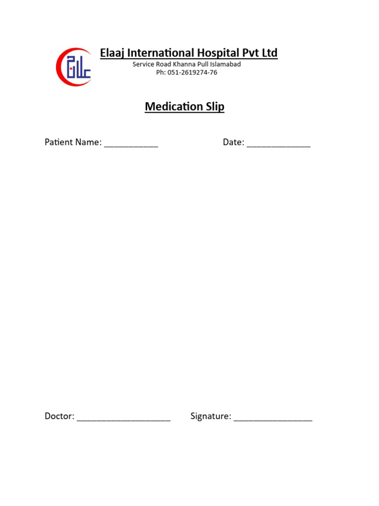 Medication Slip for Elaaj Hospital | PDF