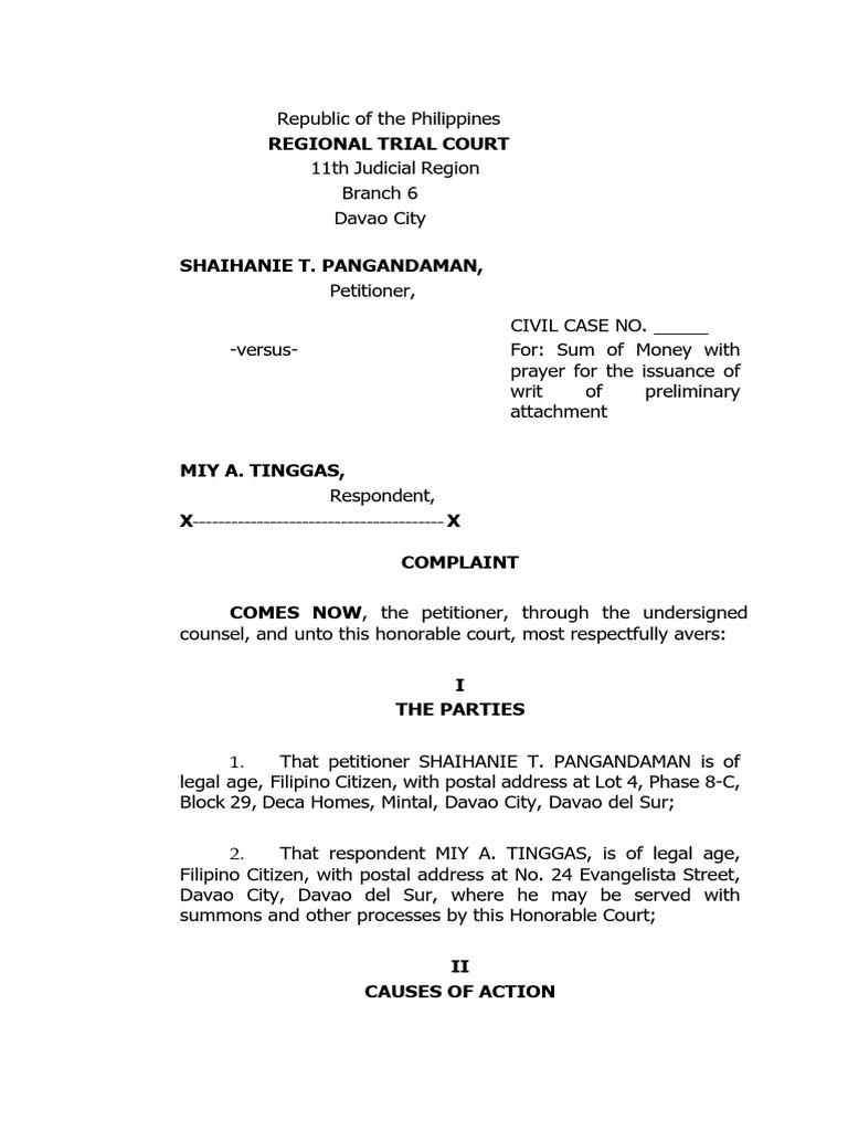 Collection of Sum of Money With Preliminary-Attachment Sample) | PDF ...