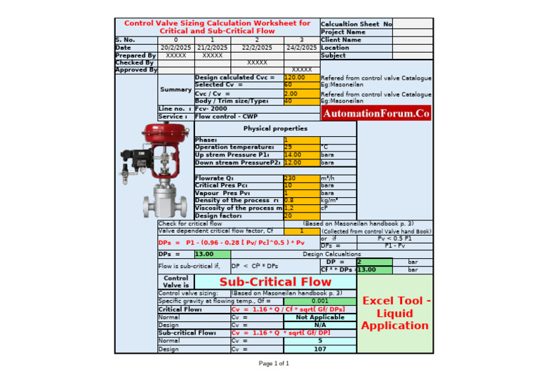 Control Valve Sizing Calculation Worksheet For Critical and Sub Critical Flow Excel Tool Liquid ...