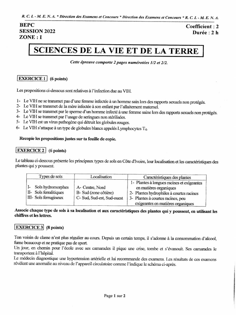Bepc 2022 SVT Zone 1,2 Et 3 Combinées Avec Corro | PDF