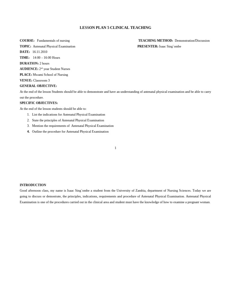 LESSON PLAN 5 CLINICAL TEACHING - Docx Antenatal Physical Examination | PDF | Lesson Plan ...