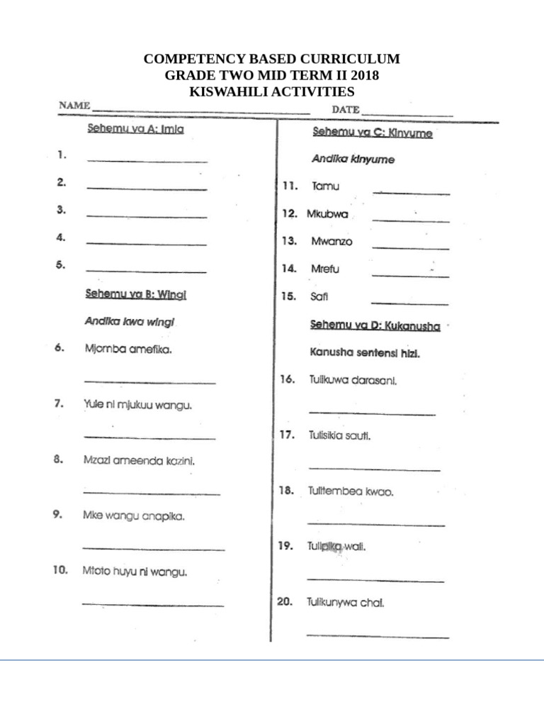 Kiswahili Activities CBC Grade 2 Mid Term 2 Exam 2018 | PDF