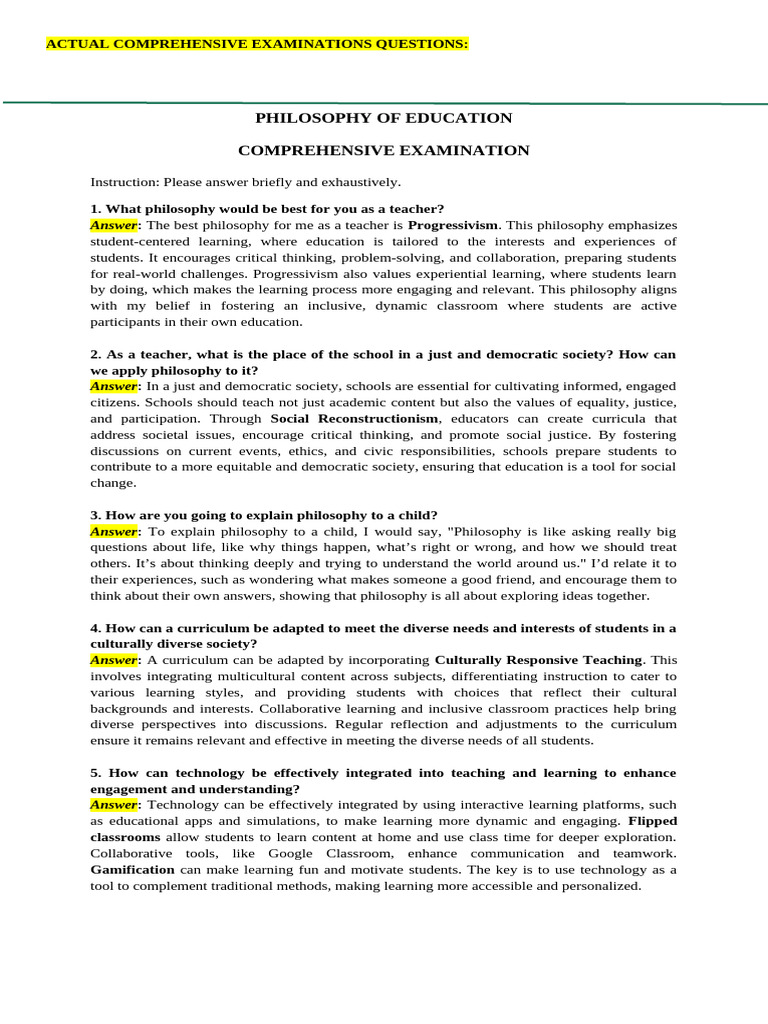 Philosophy of Education Exam Questions | PDF | Learning ...