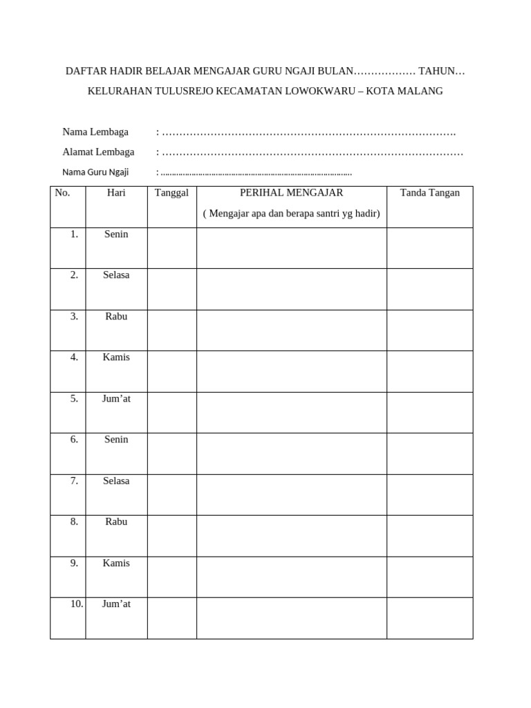DAFTAR HADIR BELAJAR MENGAJAR GURU NGAJI BULAN (TTD RW) | PDF