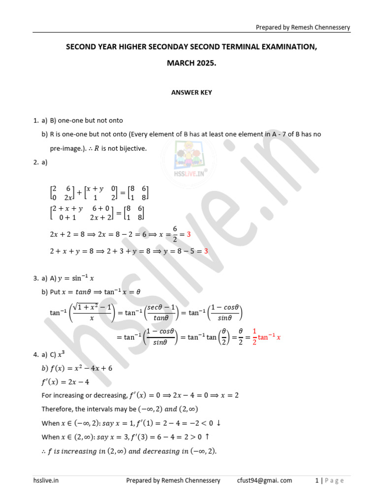 Hsslive-xii-maths-key-remesh-march-2025 | PDF | Applied Mathematics | Linear Algebra