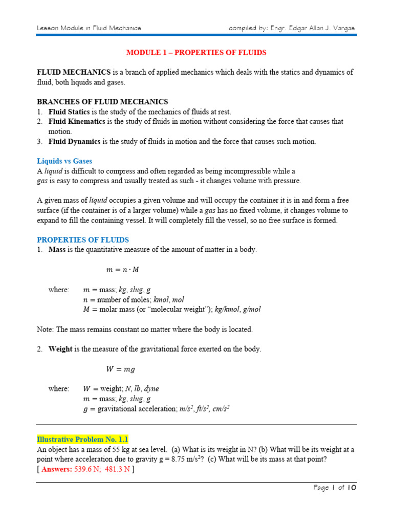 Module 1 Properties of Fluids | PDF | Viscosity | Pressure