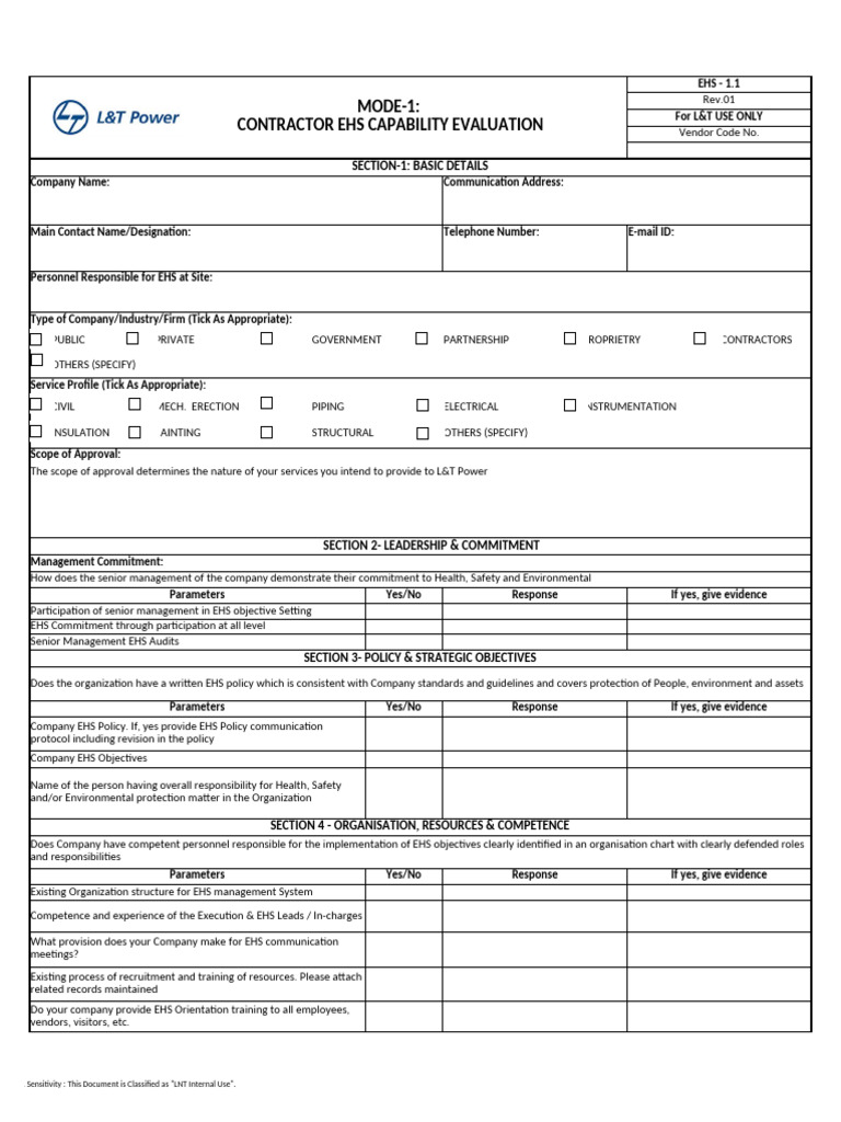 EHS-1 Contractor EHS Capability Evaluation Rev01 | PDF