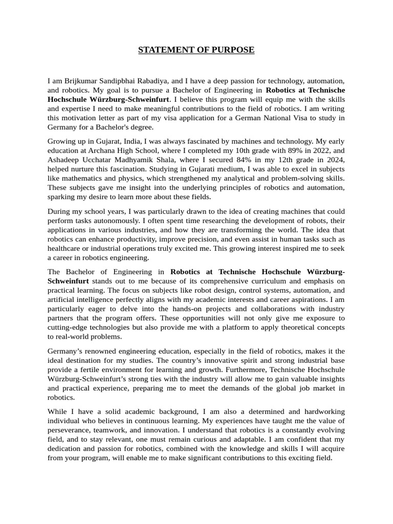 Brij Rabadiya Visa Sop THWS | PDF | Robotics | Automation