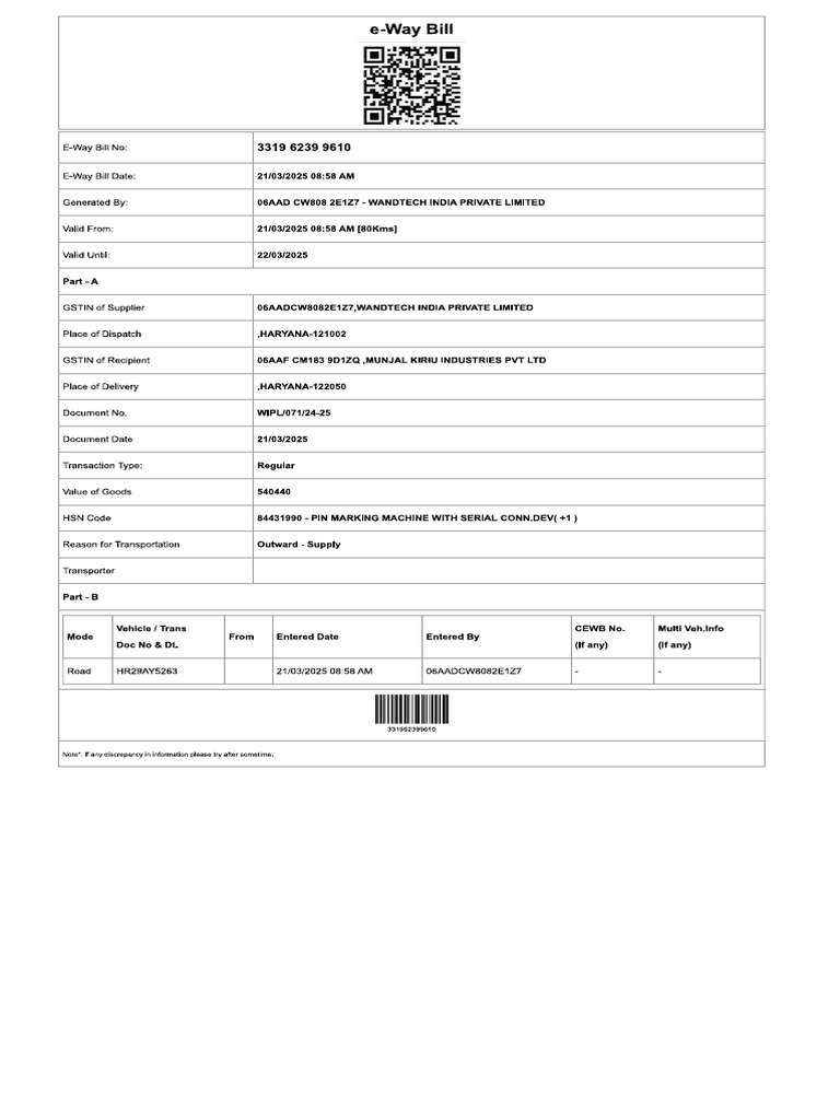 Wip Inv 071 Ewaybill | PDF