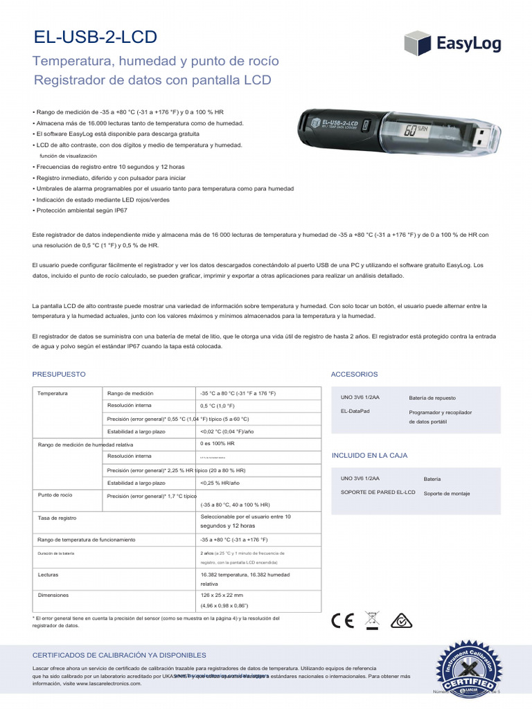 EL-USB-2-LCD LASCAR Higrotermómetro | PDF | Pantalla de cristal líquido