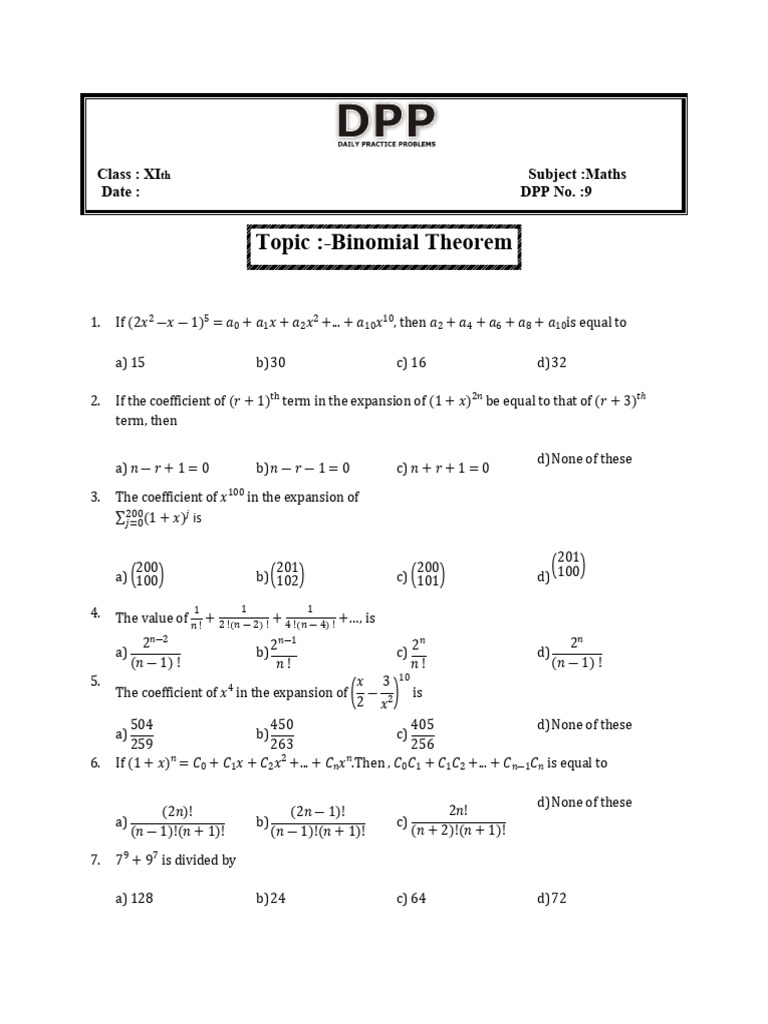 Binomial Theorem DPP9 Min | PDF | Mathematical Analysis | Combinatorics