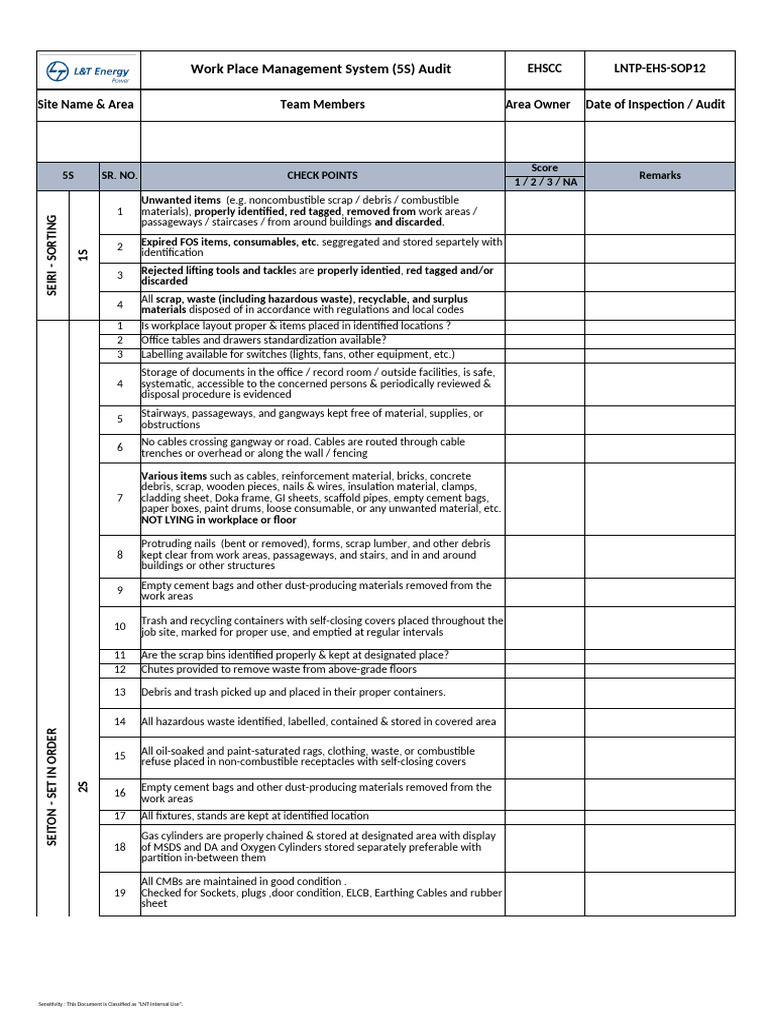 l&t Power Wms (5s) Audit Checklist Lntp-ehs-sop12 | PDF | Waste | Scrap