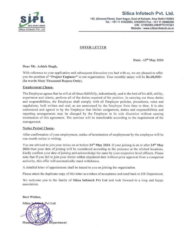 MR ASHISH SINGH PROJECT ENGINEER OFFER LETTER - Compressed | PDF