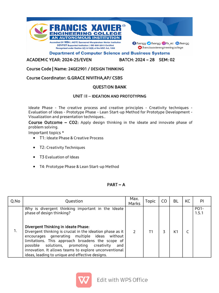 Design Thinking Pool of Questions UNIT3 Answer | PDF | Brainstorming ...