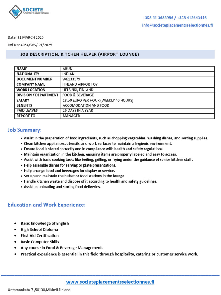 Arun Karrola Finland Job Offer | PDF | Kitchen | Foodservice
