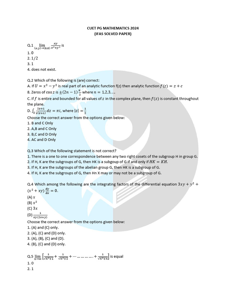 Cuet PG Mathematics 2024 (Ifas Solved Paper) | PDF | Matrix ...