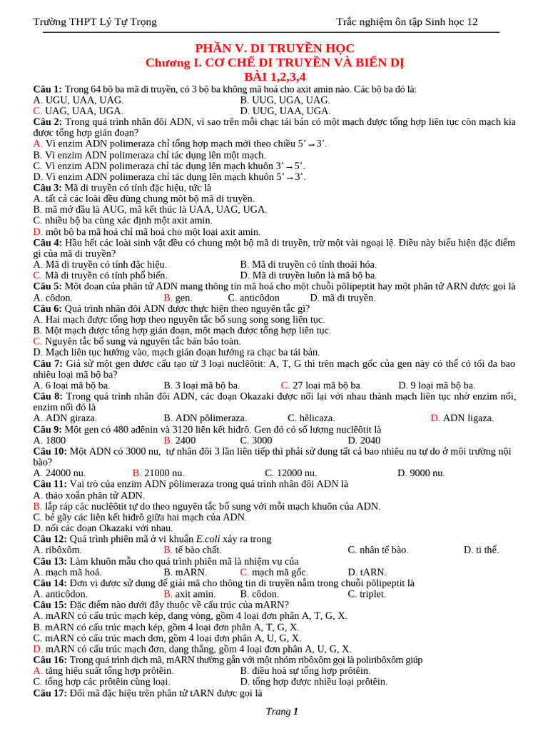 Tn on Tap Sinh 12-Hk1 (1) | PDF