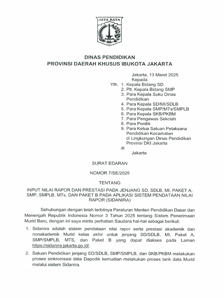 Surat Edaran Input Sidanira Tahun 2025 | PDF