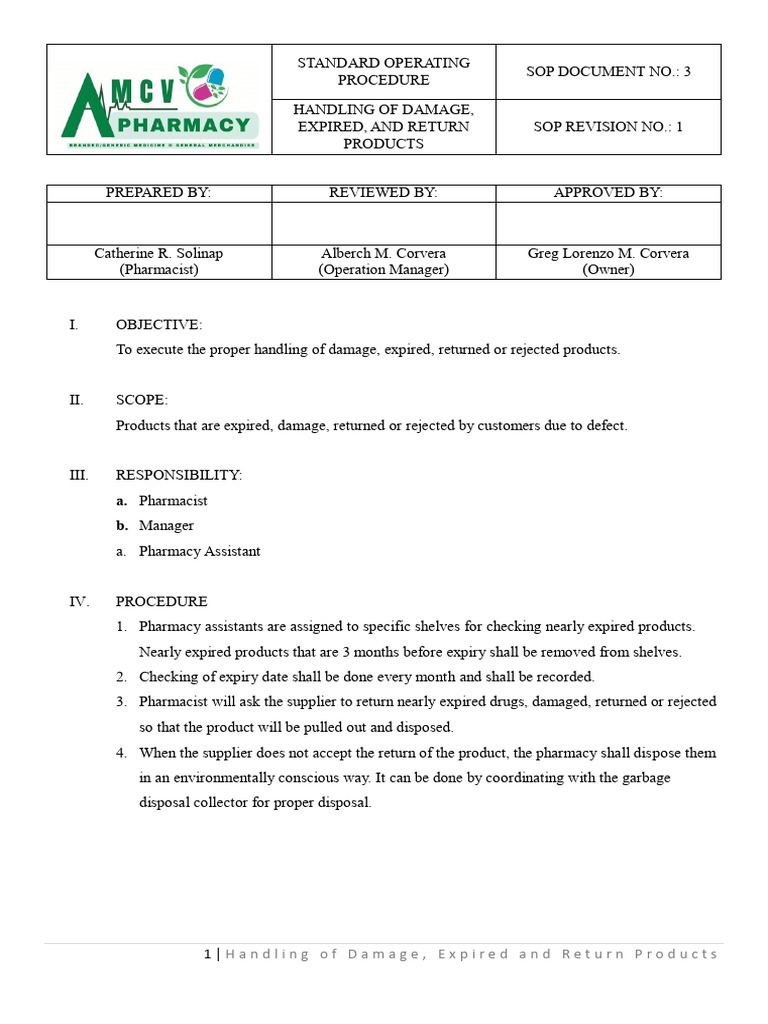 SOP for Handling Expired and Damaged Products | PDF