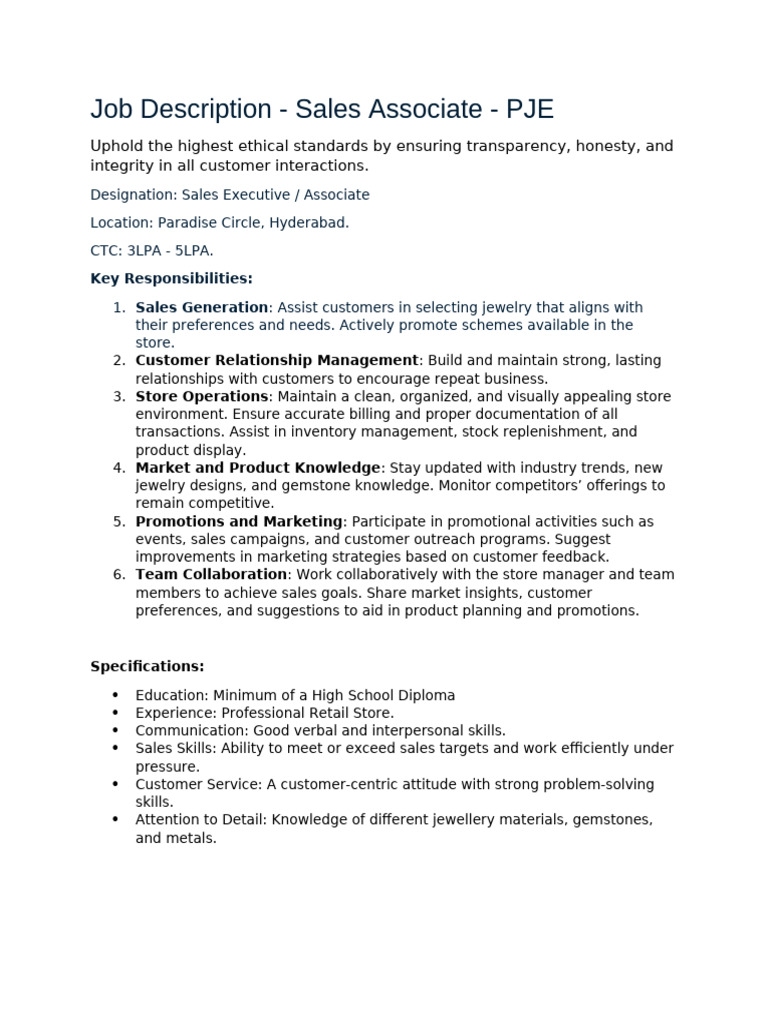 Sales Associate Job Description - PJE | PDF
