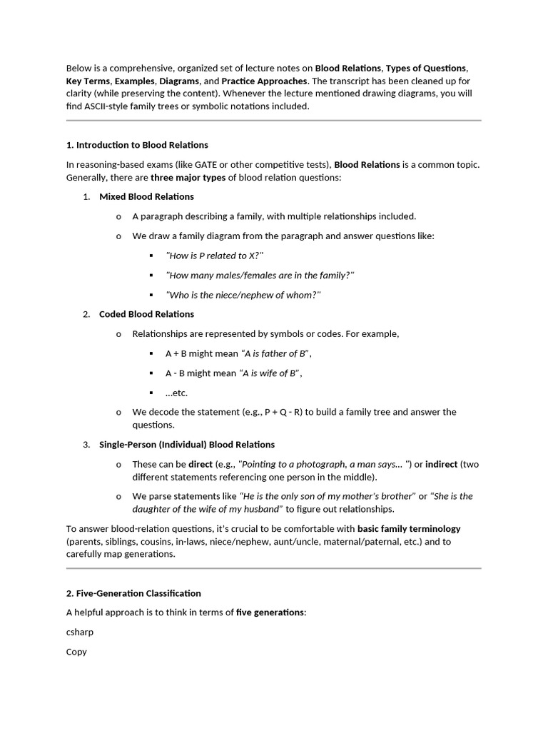 Blood Relations: Lecture Notes & Examples | PDF | Grandparent | Social ...