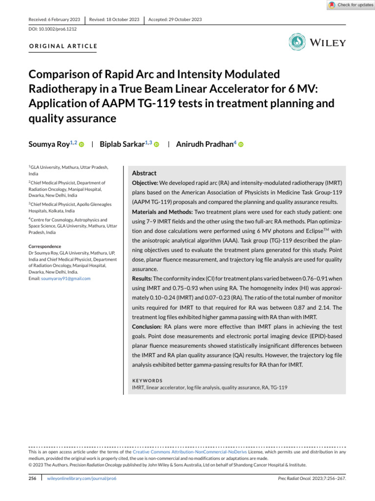 Precision Radiation Oncology - 2023 - Roy - Comparison of Rapid Arc and ...