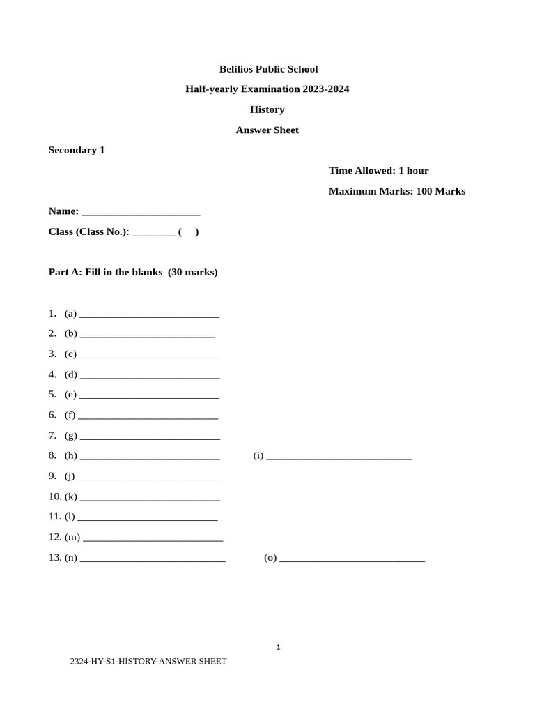 History Exam Answer Sheet 2023-24 | PDF