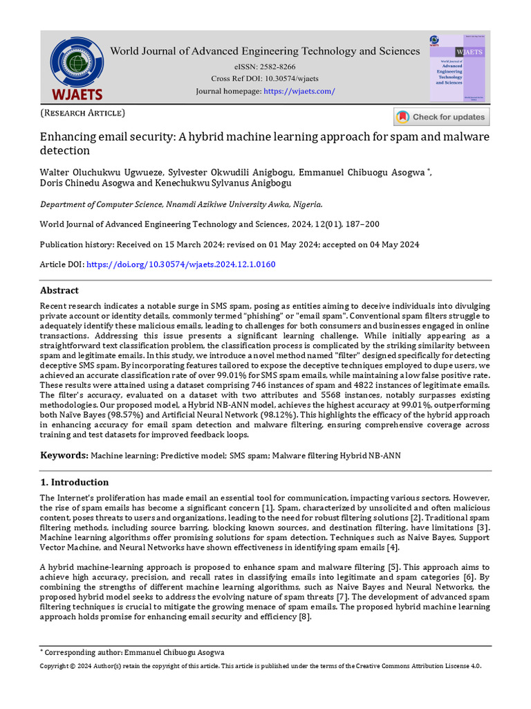 A Hybrid Machine Learning Approach For Spam and Malware | PDF | Receiver Operating ...