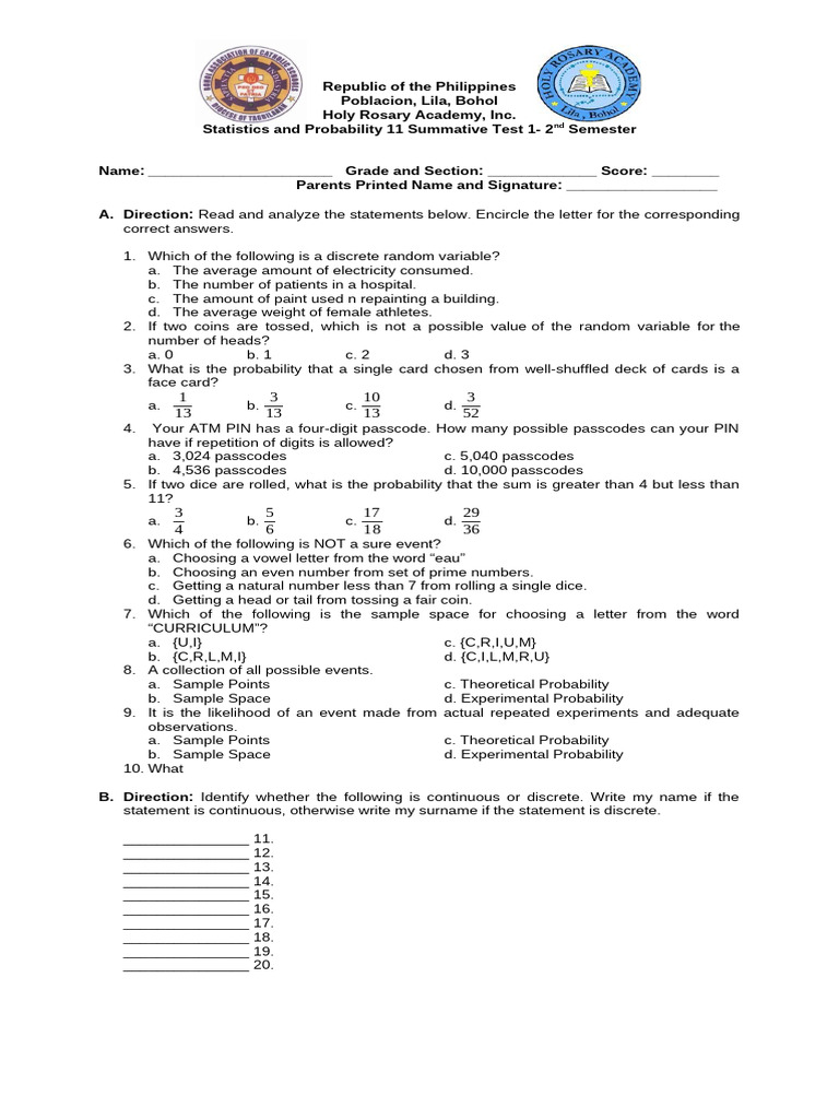 Statistics and Probability Test Bohol | PDF | Probability | Random Variable