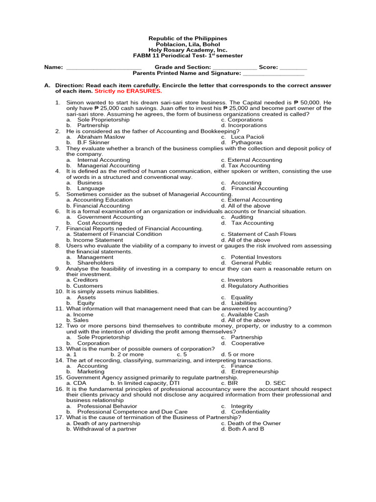 Grade 11 ABM- Final Test | PDF | Accounting | Partnership