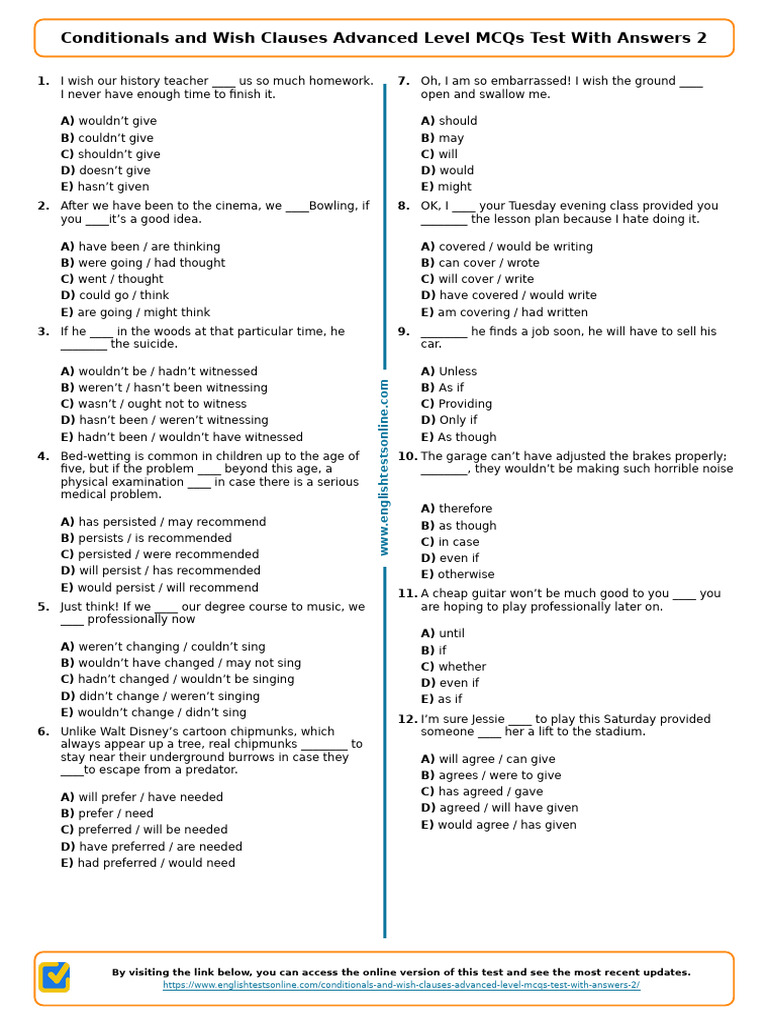 Advanced Conditionals & Wishes MCQs | PDF | Multiple Choice