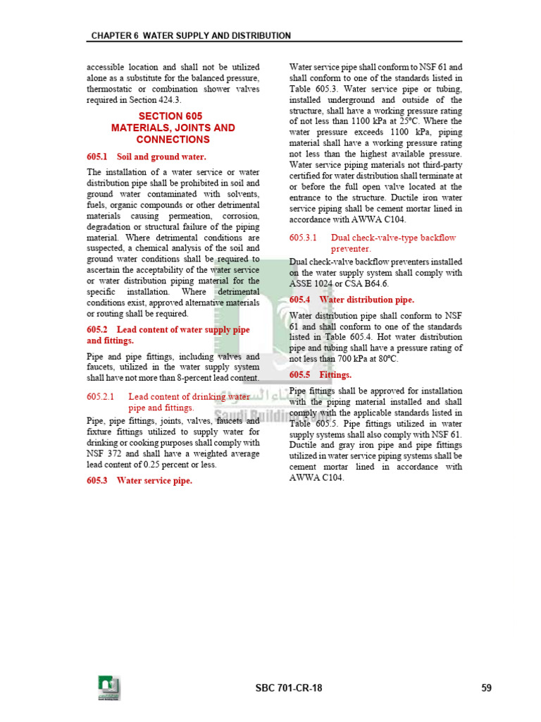 SBC 701 Section 605.1 | PDF | Pipe (Fluid Conveyance) | Water