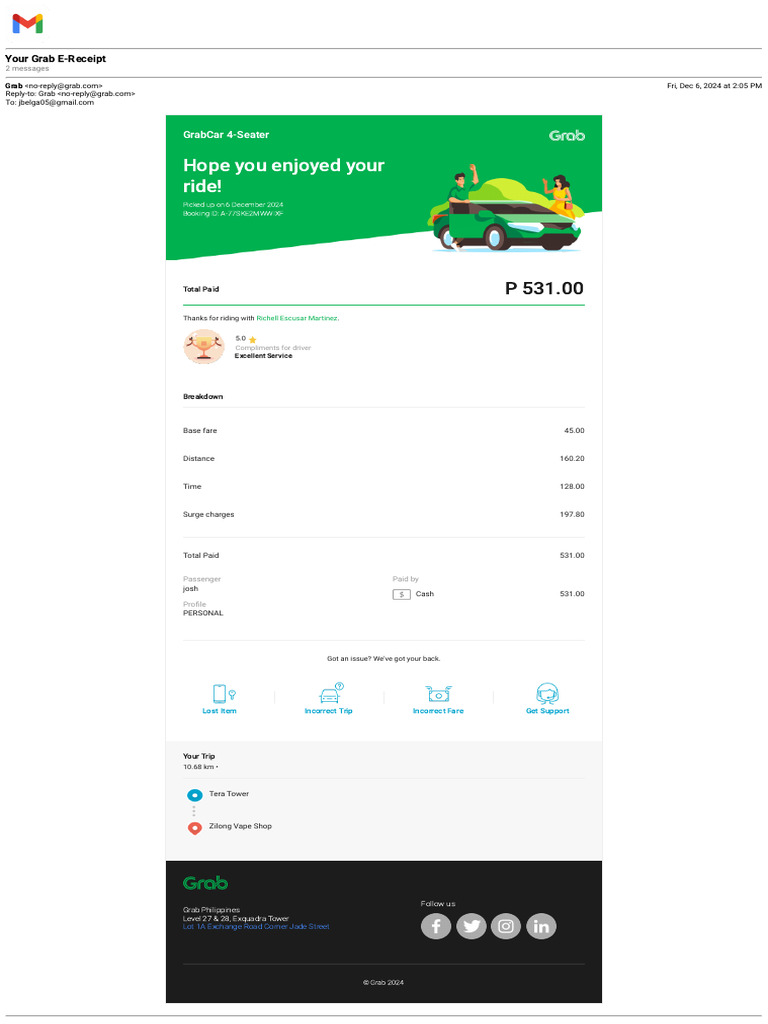 Grab E-Receipt for Your Ride | PDF | Passenger Rail Transport | Transport